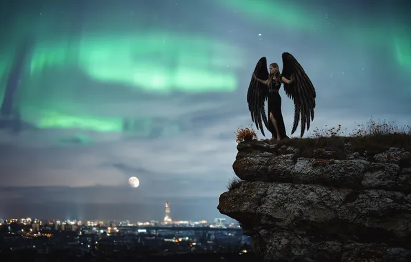 Wallpaper the sky, girl, mountains, night, nature, the city, lights ...