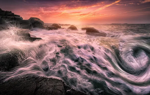 Wallpaper sea, wave, sunset, storm, stones, shore for mobile and ...