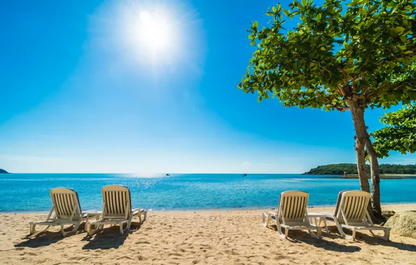 Wallpaper sand, sea, beach, summer, the sky, the sun, shore, chaise ...