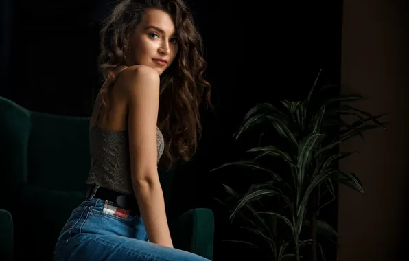 Wallpaper girl, blouse, model, women, jeans, brunette, armchair ...