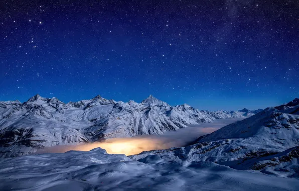 Wallpaper mountains, night, fog, beauty, night, mountains, snow, fog ...