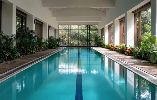 Wallpaper summer, water, light, flowers, pool, window, flowerbed, AI ...