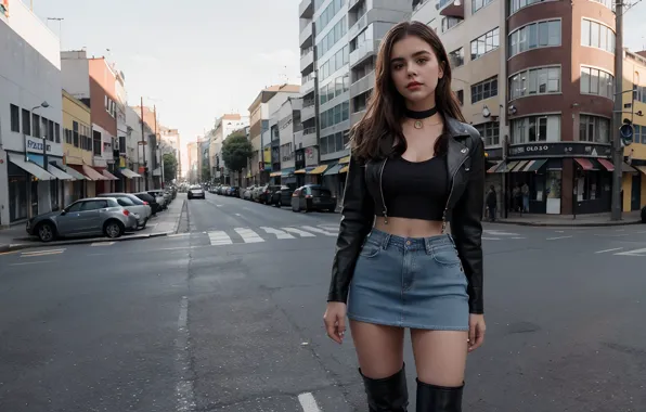 Wallpaper Girl Sexy Legs Boots Leather Jacket Miniskirt Crop Top