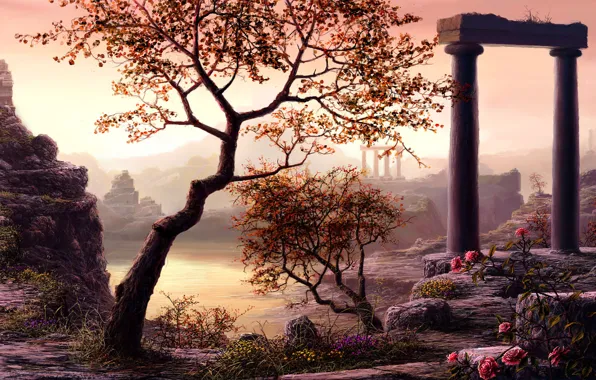 Wallpaper trees, flowers, nature, figure, art, columns, ruins for ...