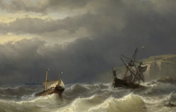 Download wallpaper oil, picture, seascape, 1866, Storm in Pas-de-Calais ...