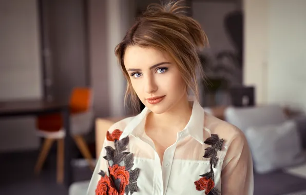 Wallpaper look, background, model, portrait, makeup, hairstyle, blouse ...