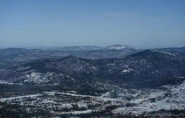 Wallpaper forest, the sky, snow, mountains, blue, horizon, Sheregesh ...
