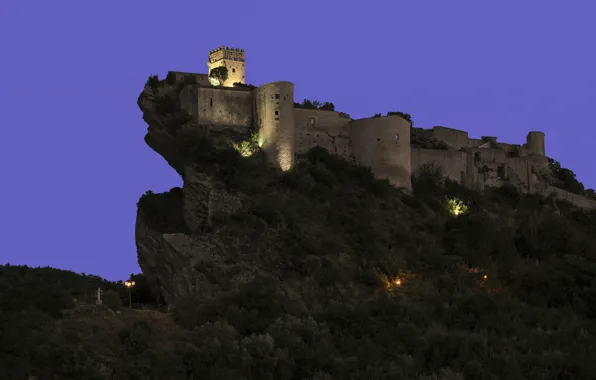 Wallpaper night, lights, rock, castle, Italy, Abruzzo, Roccascalegna ...