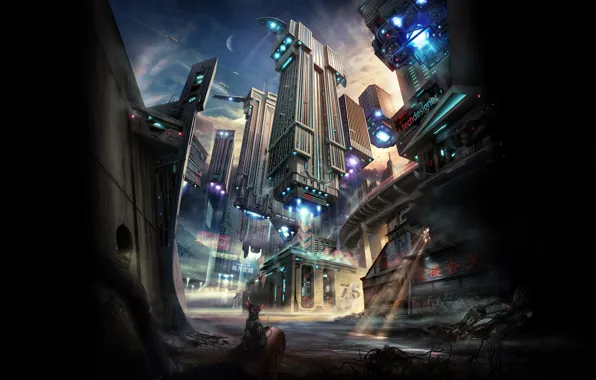 Wallpaper light, the city, future, fiction, building, ships, ray ...