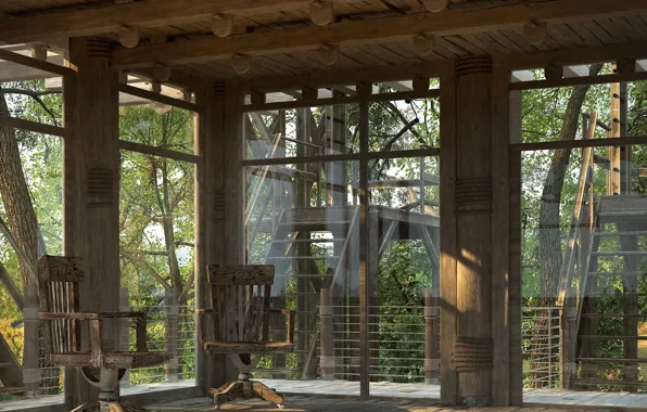 Download wallpaper tree, chairs, ladder, building, COOL AFTERNOON ...