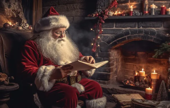 Wallpaper new year, chair, Christmas, book, fireplace, Santa Claus ...