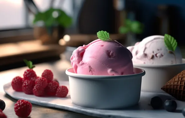 Wallpaper berries, raspberry, table, blueberries, ice cream, bowl, mint ...