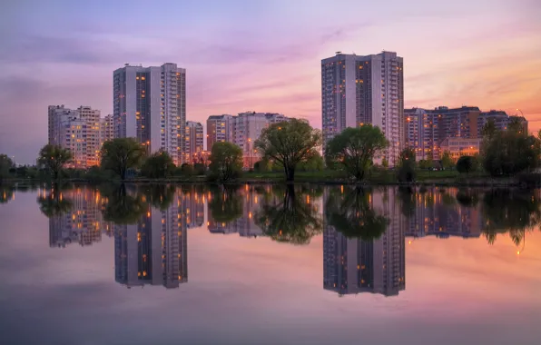 Wallpaper water, reflection, trees, city, building, the evening, The ...