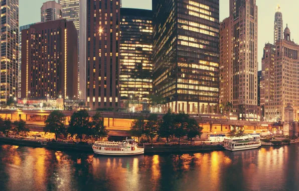 Wallpaper The evening, The city, House, Chicago, Bay, Skyscrapers, USA ...