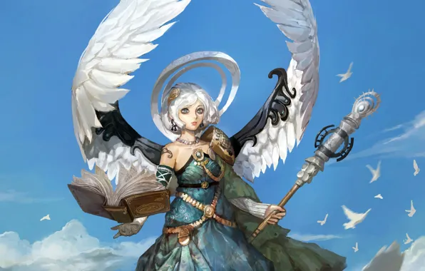 Wallpaper the sky, girl, birds, wings, angel, book for mobile and ...