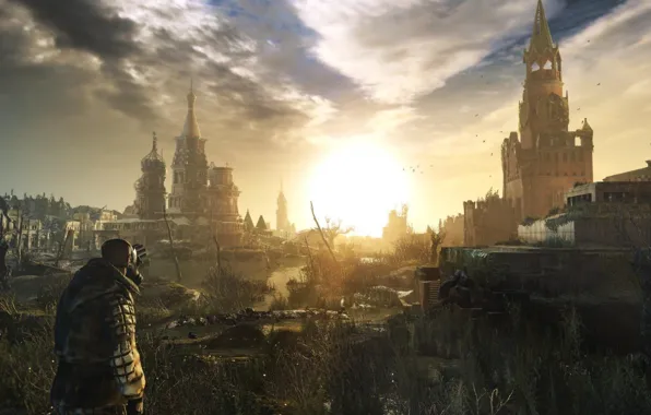 Wallpaper the sun, sunset, dawn, Apocalypse, the Kremlin, gas mask ...