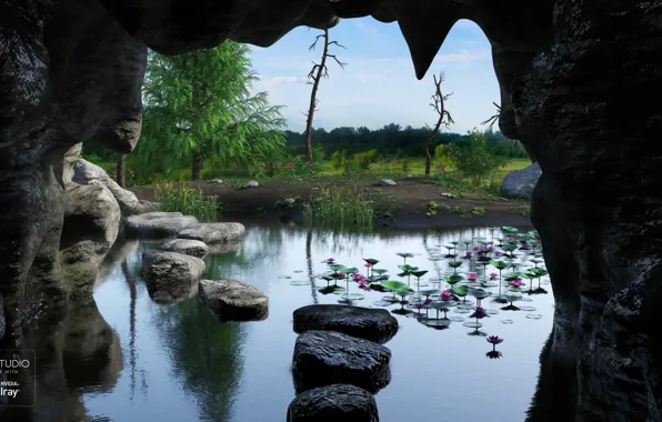 Wallpaper stones, shore, cave, pond, Grotto for mobile and desktop ...
