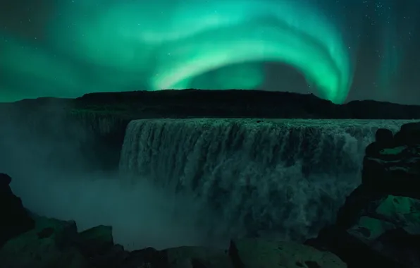 Download wallpaper night, rocks, waterfall, Northern lights, section ...