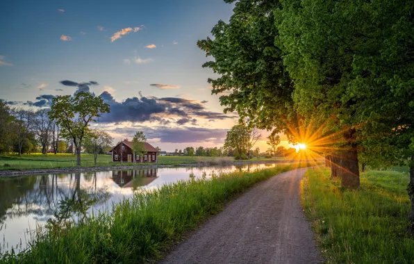 Wallpaper road, clouds, sunset, nature, river, spring, Sweden, Ekholmen ...