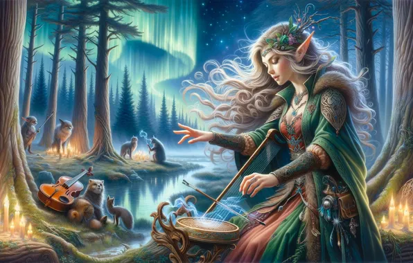 Wallpaper forest, animals, girl, magic, fantasy, harp for mobile and ...