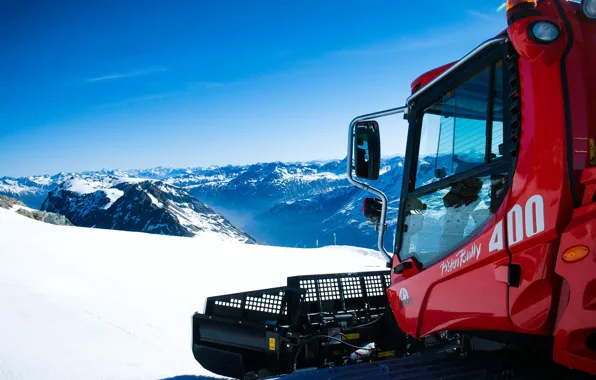 Wallpaper the sky, snow, mountains, slope, bucket, snowcat, Kässbohrer ...