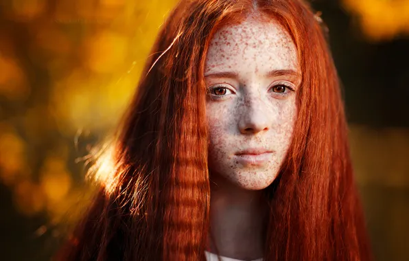 Wallpaper autumn, summer, girl, the sun, yellow, mood, freckles, red ...