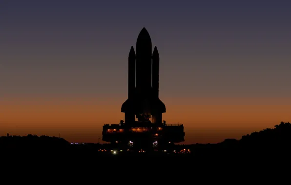Wallpaper lights, NASA, Shuttle, sunset, silhouette, launch platform ...