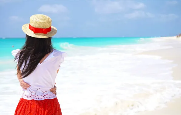Wallpaper sea, beach, summer, girl, hat for mobile and desktop, section ...