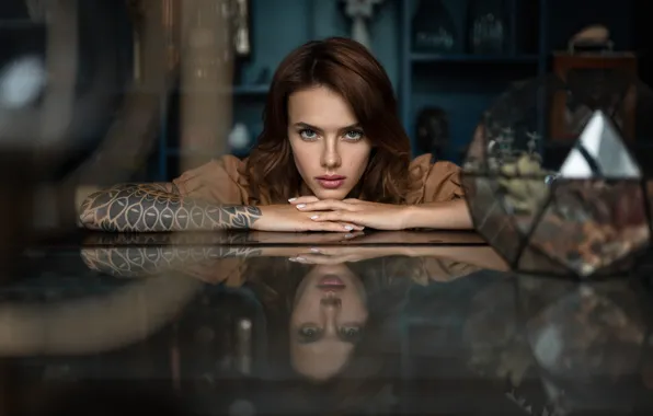 Wallpaper look, glass, girl, pose, reflection, table, room, portrait ...