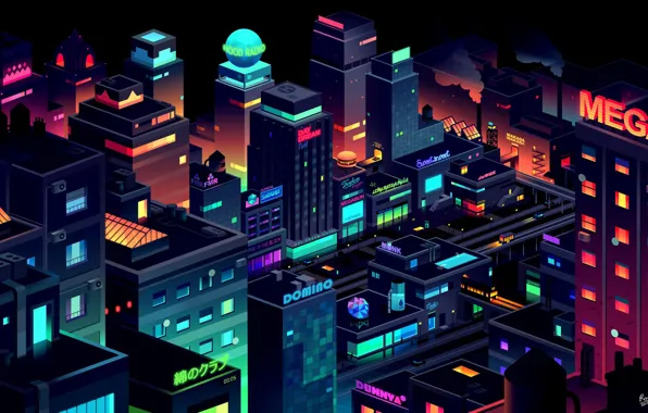 Wallpaper Home, Night, Vector, The city, Neon, Style, Building ...