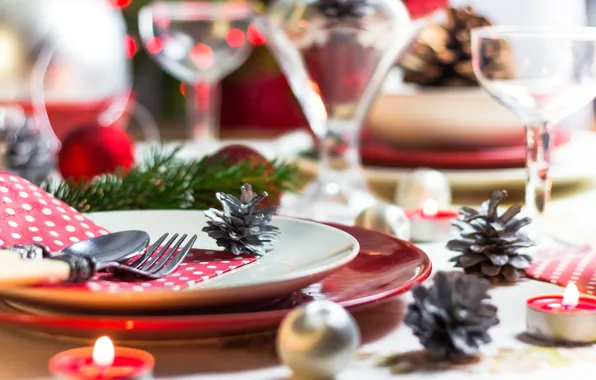 Wallpaper table, balls, toy, glass, new year, dishes, bumps, serving ...