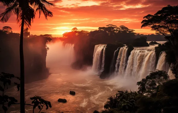 Wallpaper landscape, sunset, nature, waterfall for mobile and desktop ...