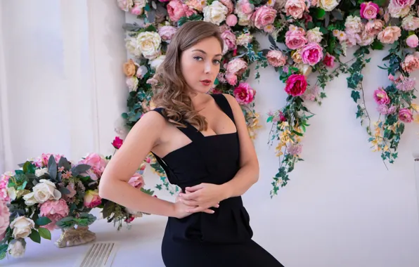 Wallpaper cleavage, flowers, model, pose, black dress, Emerald Ocean ...