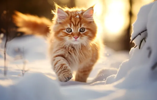 Download wallpaper winter, cat, look, the sun, light, snow, branches ...