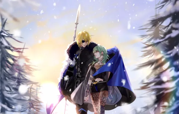 Wallpaper winter, girl, snow, trees, male, Fire Emblem, Вyleth, Dimitri ...