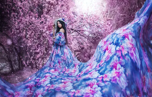 Download wallpaper trees, Girl, hat, dress, Asian, Maria Lipina ...