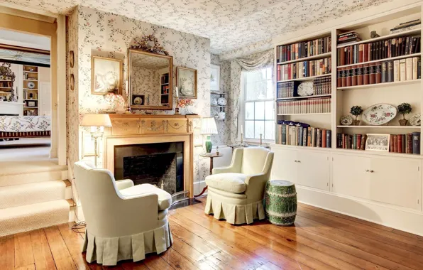 Wallpaper design, style, interior, fireplace, library, living room for ...