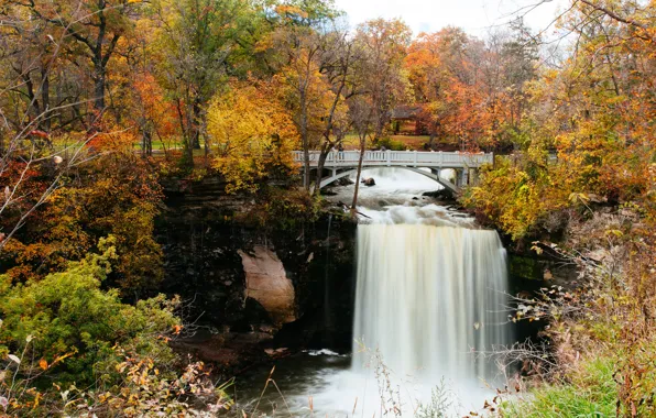 Wallpaper United States, river, bridge, autumn, leaves, waterfall ...