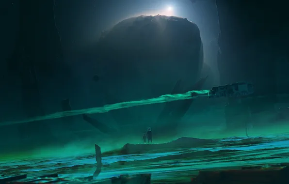 Wallpaper space, fiction, rocks, people, ship, art for mobile and ...