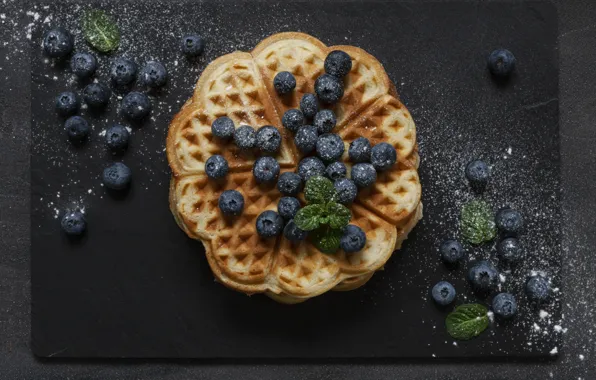 Wallpaper berries, blueberries, mint, waffles, powdered sugar, Natasha ...