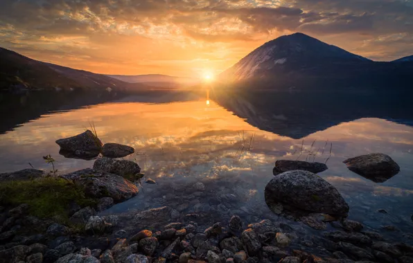 Wallpaper the sky, sunset, lake, reflection, stones, hills for mobile ...