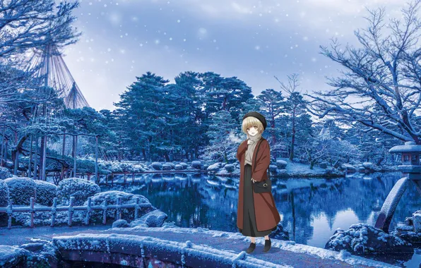 Wallpaper winter, water, girl, bridge, nature, Otonari no Tenshi-sama ...