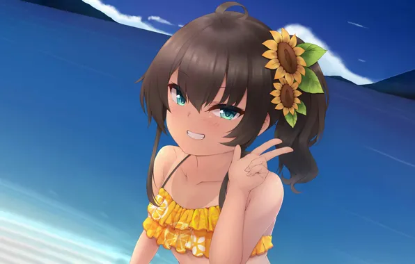 Download wallpaper girl, green eyes, sea, brown hair, anime, beautiful ... Download wallpaper girl, green eyes, sea, brown hair, anime, beautiful ...