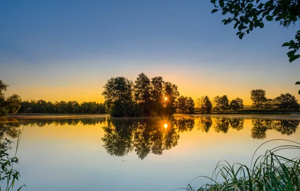 Wallpaper the sun, trees, landscape, sunset, river, Germany, Bayern ...