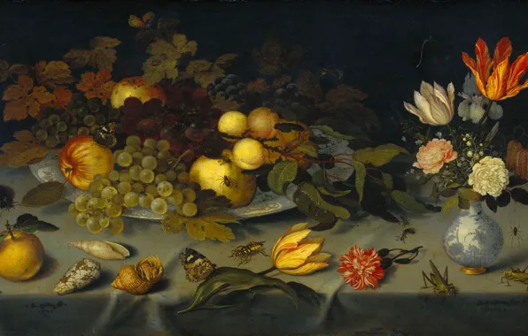 Wallpaper oil, picture, 1621, Still life with fruit and flowers ...