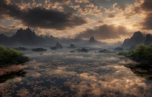 Wallpaper art, lake, digital art, fantasy art, mount, clouds sky ...