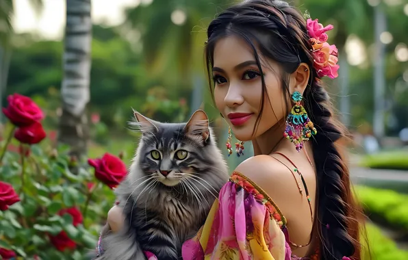 Wallpaper cat, girl, Asian, filipinka for mobile and desktop, section ...