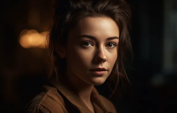 Wallpaper look, girl, light, face, the dark background, portrait, brunette, brown hair for ...