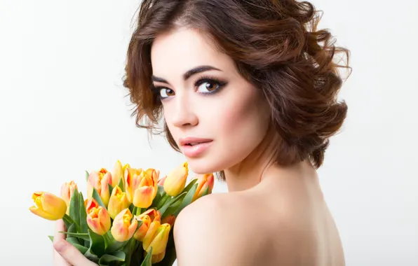 Download Wallpaper Yellow Flowers Model Look Section Girls In Resolution 5760x3840