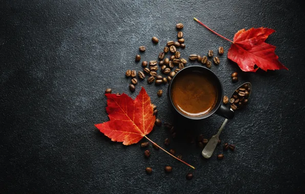 Wallpaper the dark background, coffee, Cup, autumn leaves for mobile ...